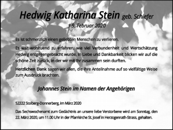 Traueranzeigen von Hedwig Katharina Stein | Aachen gedenkt