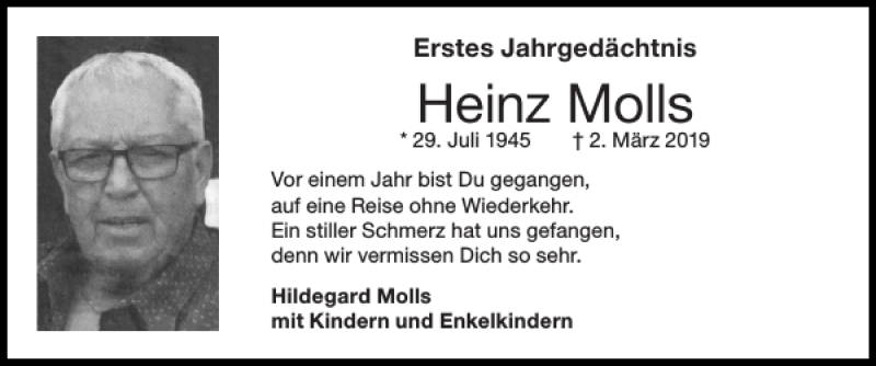 Traueranzeigen von Heinz Molls | Aachen gedenkt