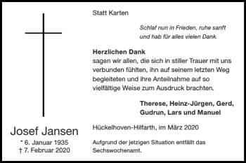 Traueranzeigen von Josef Jansen | Aachen gedenkt