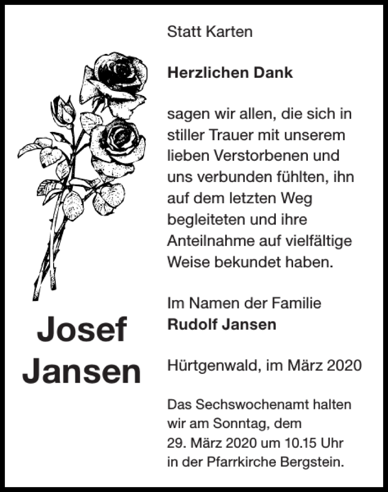 Traueranzeigen von Josef Jansen | Aachen gedenkt