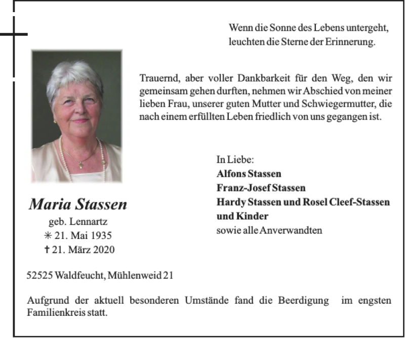 Traueranzeigen von Maria Stassen | Aachen gedenkt