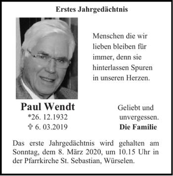 Traueranzeigen von Paul Wendt | Aachen gedenkt
