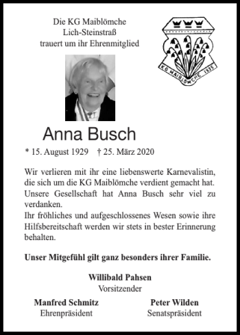 Traueranzeigen von Anna Busch | Aachen gedenkt