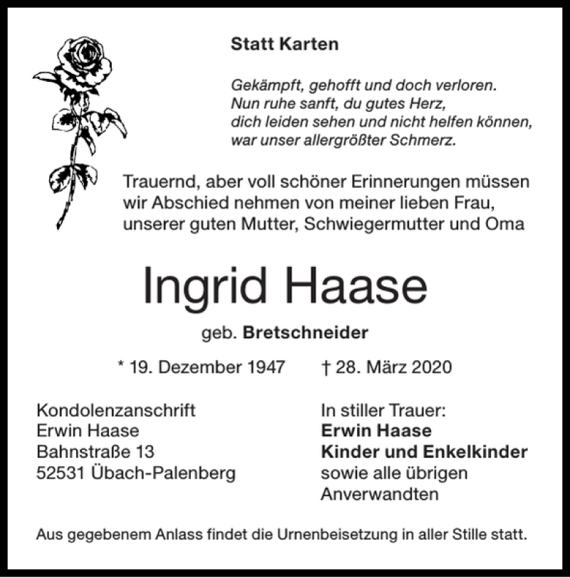 Traueranzeigen von Ingrid Haase | Aachen gedenkt