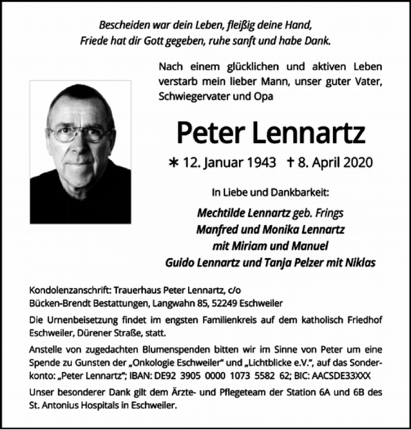 Traueranzeigen von Peter Lennartz | Aachen gedenkt