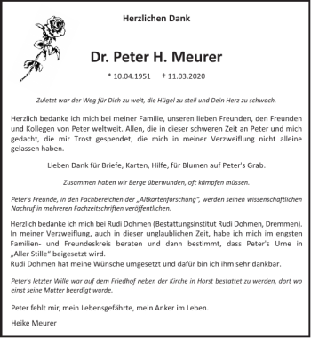 Traueranzeigen von Dr. Peter H. Meurer | Aachen gedenkt