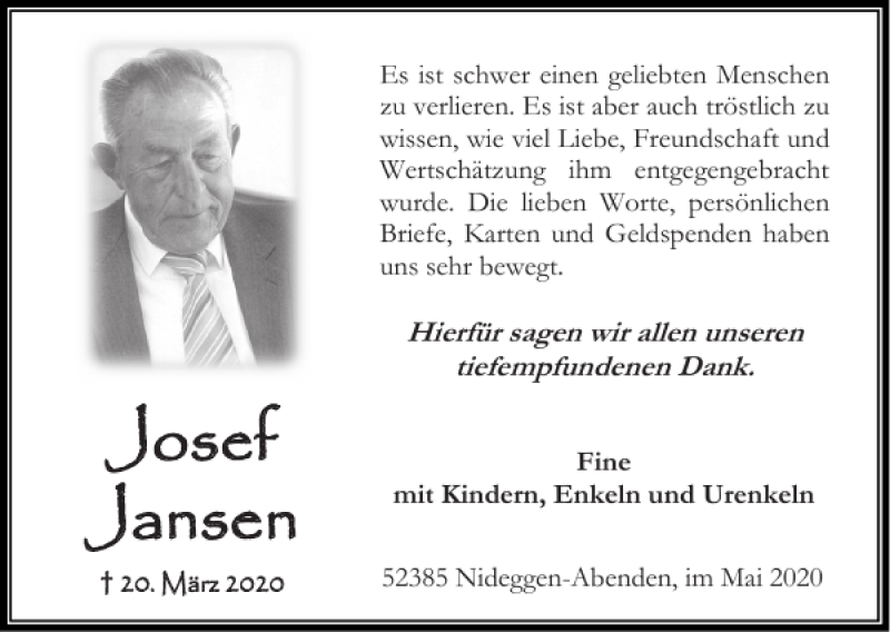 Traueranzeigen von Josef Jansen | Aachen gedenkt