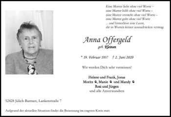 Traueranzeigen von Anna Offergeld | Aachen gedenkt