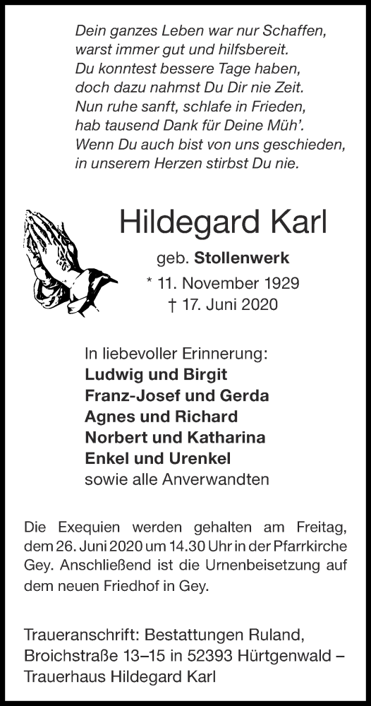 Traueranzeigen von Hildegard Karl | Aachen gedenkt Traueranzeigen von Hildegard Karl | Aachen gedenkt