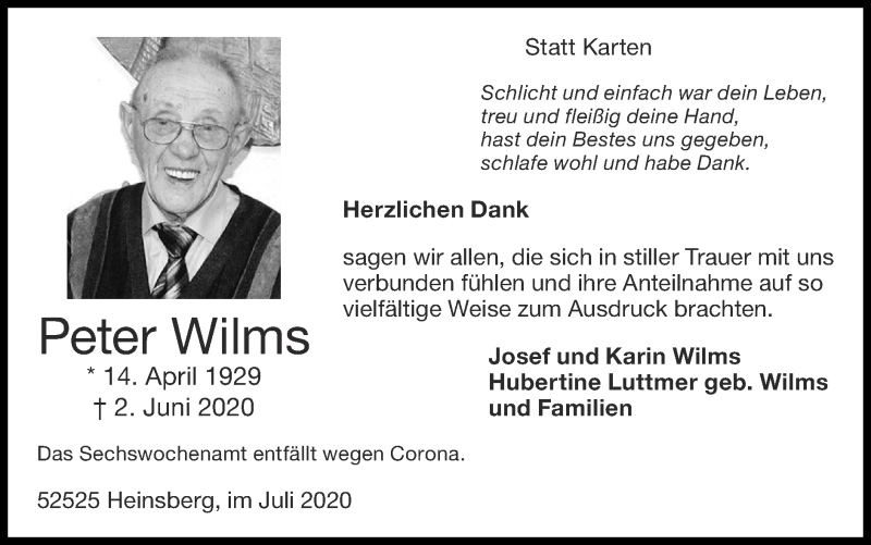 Traueranzeigen von Peter Wilms | Aachen gedenkt