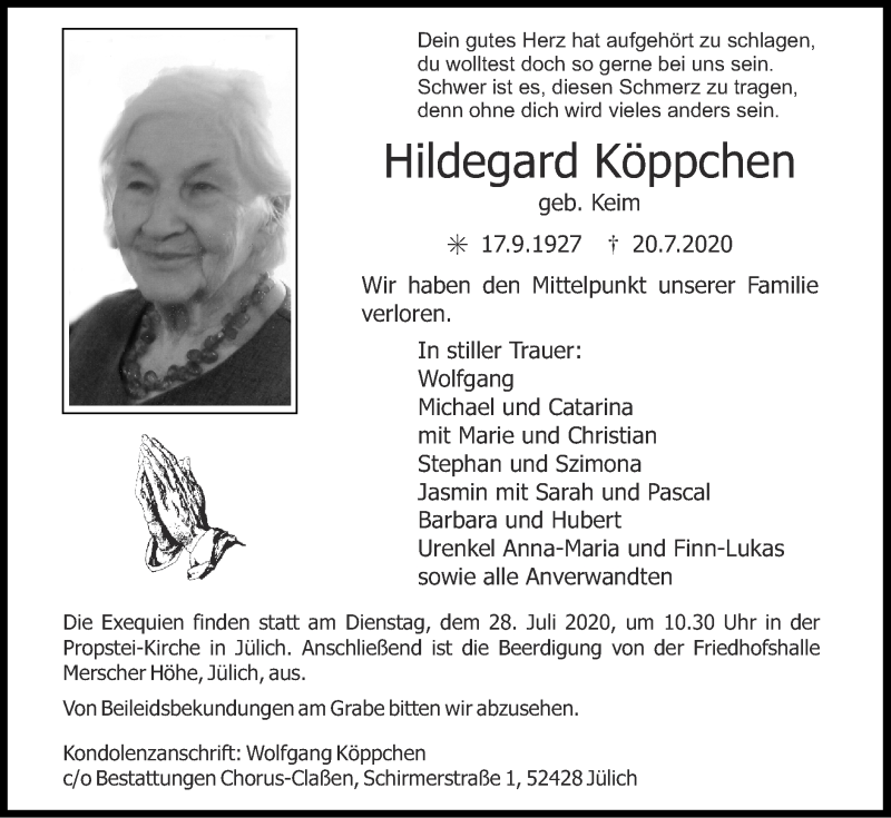 Traueranzeigen von Hildegard Köppchen | Aachen gedenkt Traueranzeigen von Hildegard Köppchen | Aachen gedenkt