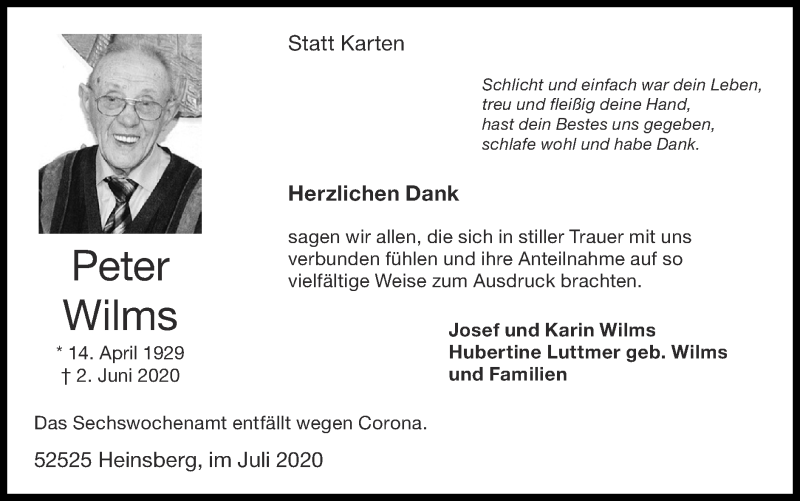 Traueranzeigen von Peter Wilms | Aachen gedenkt