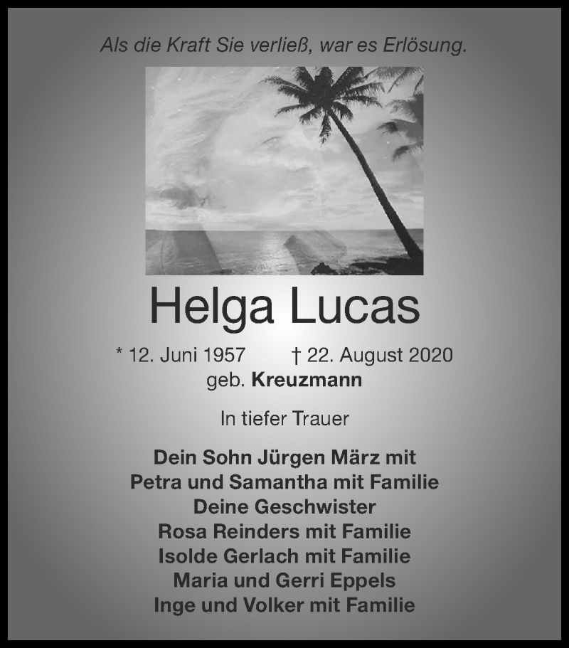 Traueranzeigen von Helga Lucas | Aachen gedenkt