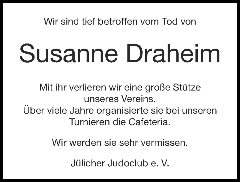 Traueranzeigen von Susanne Draheim | Aachen gedenkt