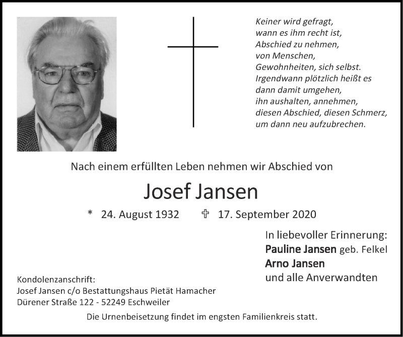 Traueranzeigen von Josef Jansen | Aachen gedenkt