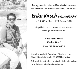 Traueranzeigen von Erika Kirsch | Aachen gedenkt