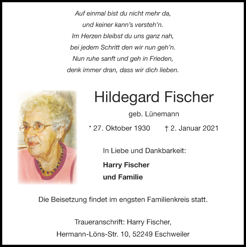 Traueranzeigen von Hildegard Fischer | Aachen gedenkt Traueranzeigen von Hildegard Fischer | Aachen gedenkt