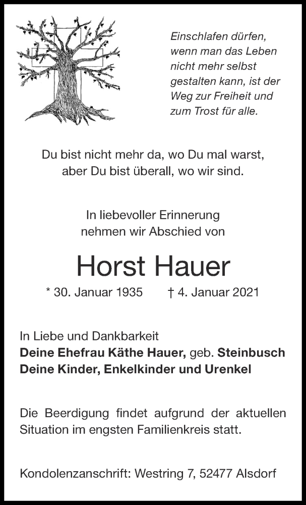 Traueranzeigen von Horst Hauer | Aachen gedenkt