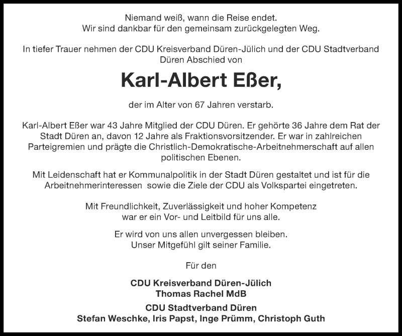 Traueranzeigen von Karl-Albert Eßer | Aachen gedenkt