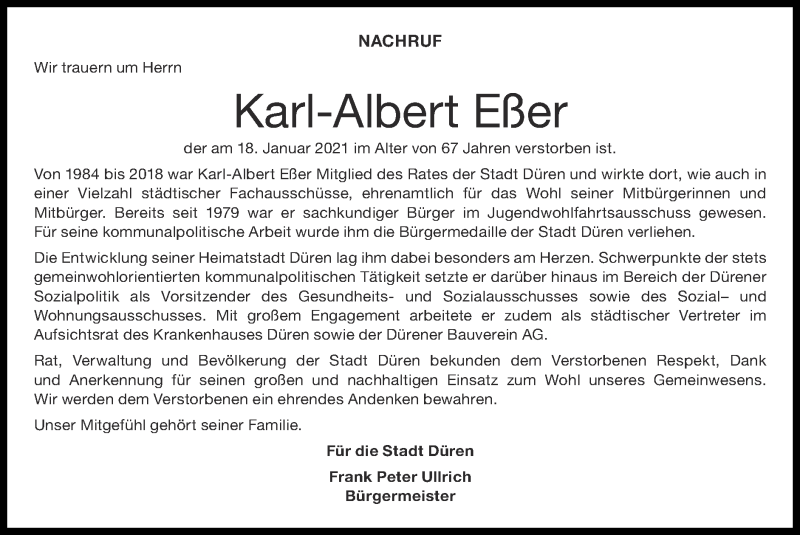 Traueranzeigen von Karl-Albert Eßer | Aachen gedenkt