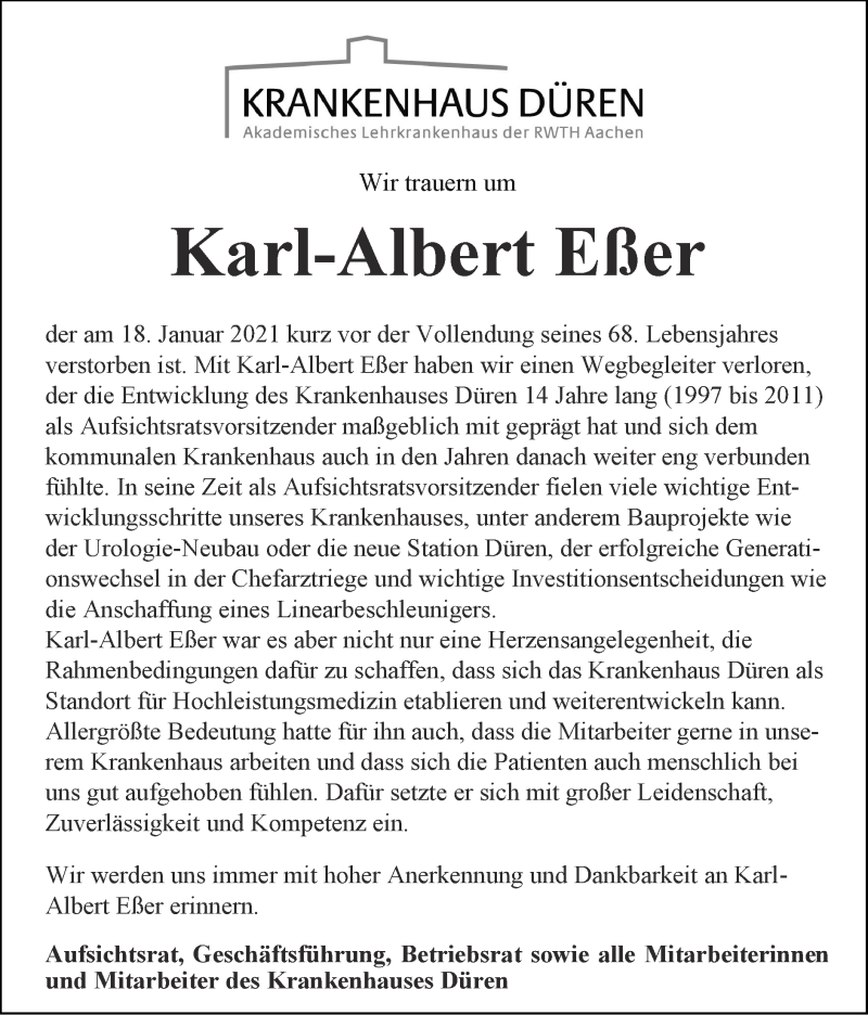 Traueranzeigen von Karl-Albert Eßer | Aachen gedenkt