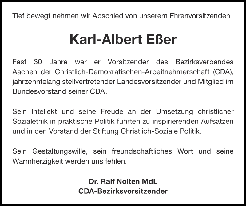 Traueranzeigen von Karl-Albert Eßer | Aachen gedenkt