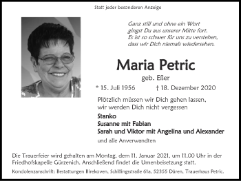 Traueranzeigen von Maria Petric | Aachen gedenkt