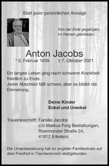 Traueranzeigen von Anton Jacobs | Aachen gedenkt