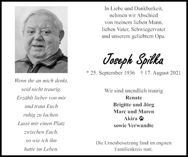 Traueranzeigen von Joseph Spilka | Aachen gedenkt