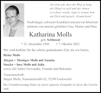 Traueranzeigen von Katharina Molls | Aachen gedenkt