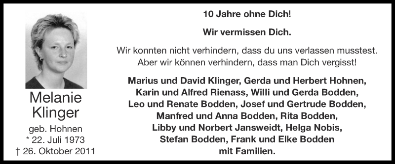 Traueranzeigen von Melanie Klinger | Aachen gedenkt