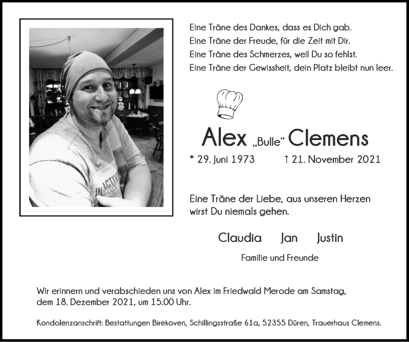 Traueranzeigen von Alex Clemens | Aachen gedenkt