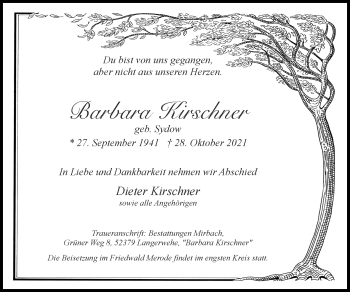 Traueranzeigen von Barbara Kirschner | Aachen gedenkt