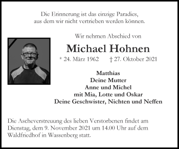 Traueranzeigen von Michael Hohnen | Aachen gedenkt