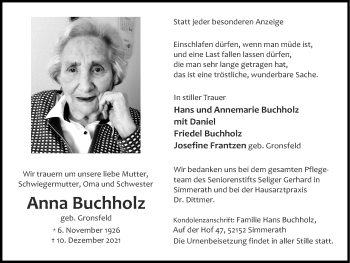 Traueranzeigen von Anna Buchholz | Aachen gedenkt