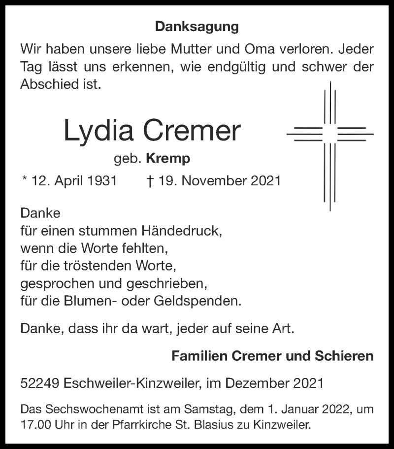 Traueranzeigen von Lydia Cremer | Aachen gedenkt