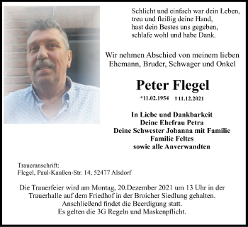 Traueranzeigen von Peter Flegel | Aachen gedenkt