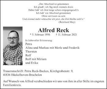 Traueranzeigen von Alfred Reck | Aachen gedenkt