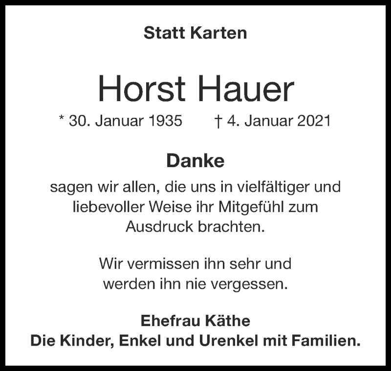 Traueranzeigen von Horst Hauer | Aachen gedenkt