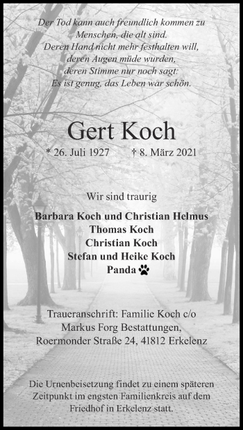 Traueranzeigen von Gert Koch | Aachen gedenkt