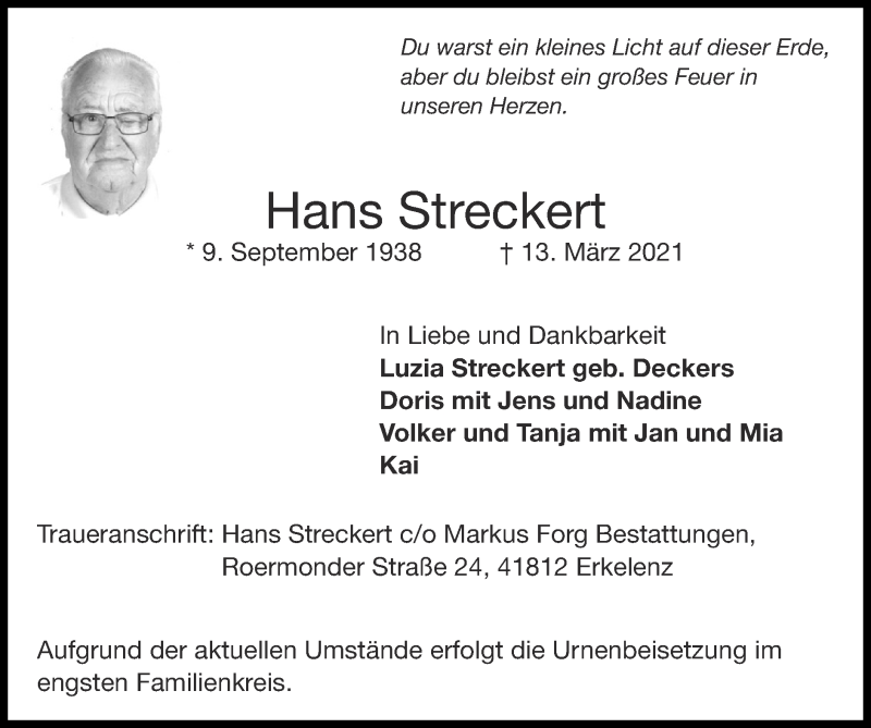 Traueranzeigen von Hans Streckert | Aachen gedenkt