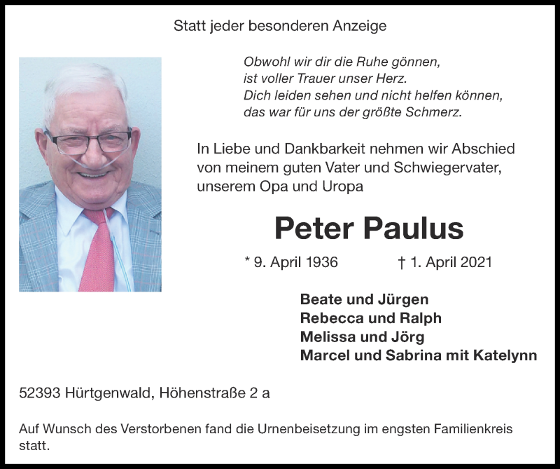 Traueranzeigen von Peter Paulus | Aachen gedenkt
