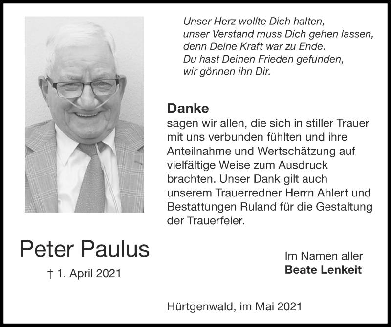 Traueranzeigen von Peter Paulus | Aachen gedenkt