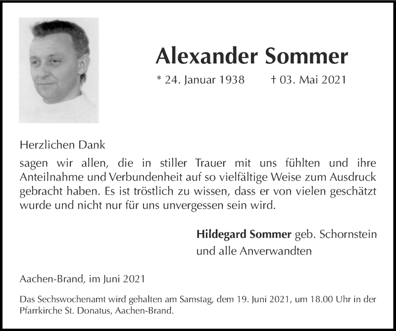 Traueranzeigen von Alexander Sommer | Aachen gedenkt