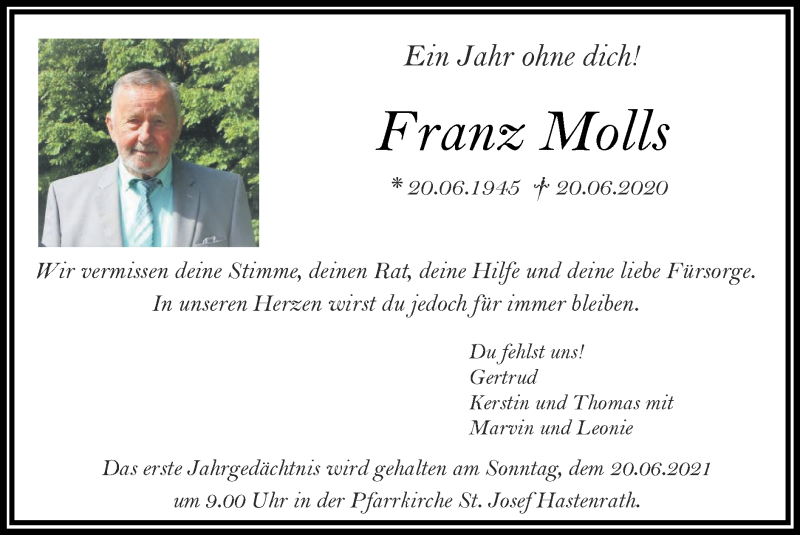 Traueranzeigen von Franz Molls | Aachen gedenkt