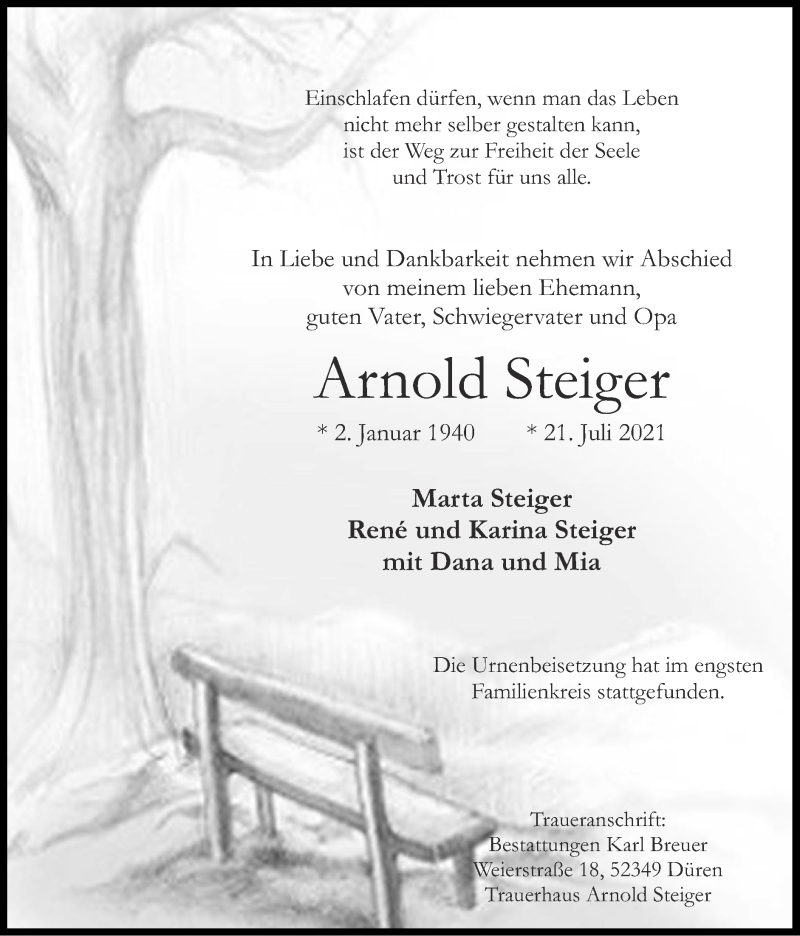 Traueranzeigen von Arnold Steiger | Aachen gedenkt Traueranzeigen von Arnold Steiger | Aachen gedenkt
