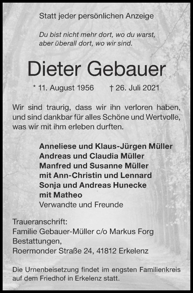 Traueranzeigen von Dieter Gebauer | Aachen gedenkt