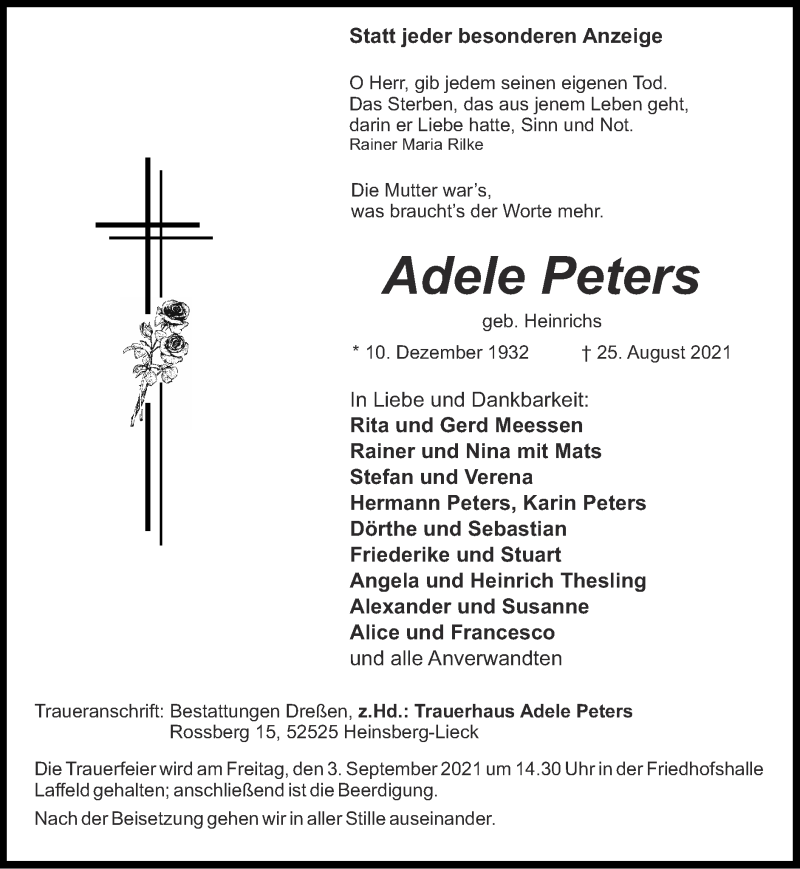 Traueranzeigen von Adele Peters | Aachen gedenkt