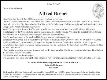 Traueranzeigen von Alfred Breuer | Aachen gedenkt