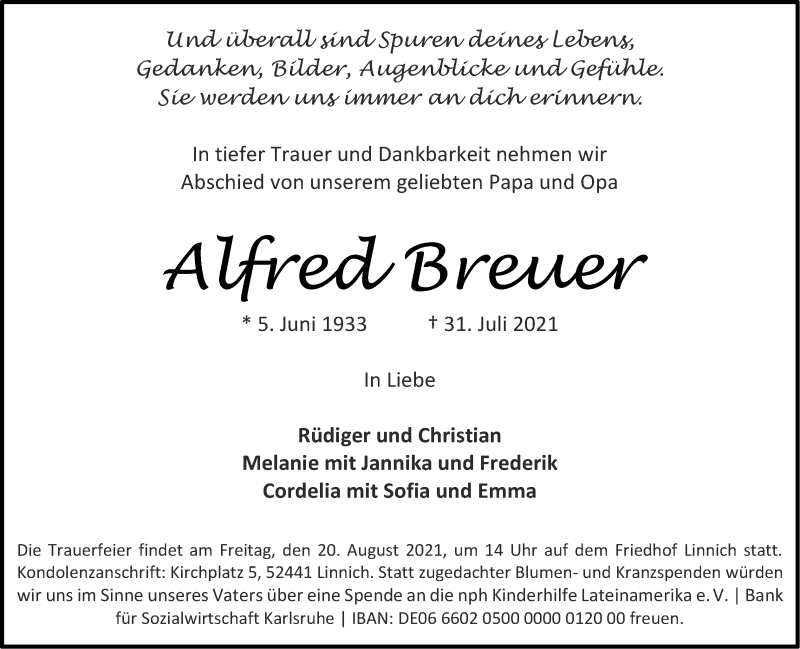 Traueranzeigen von Alfred Breuer | Aachen gedenkt